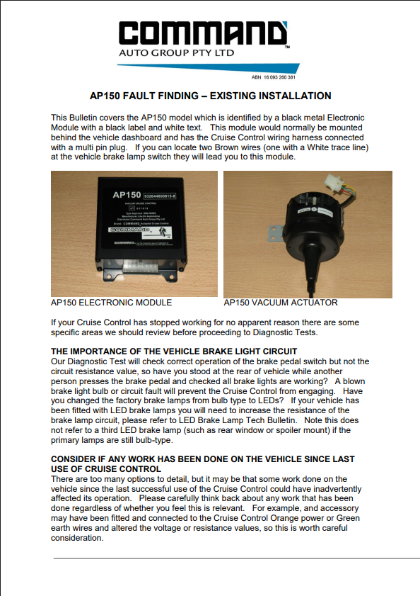 AP150 Fault Finding - Existing Installation – Command Auto